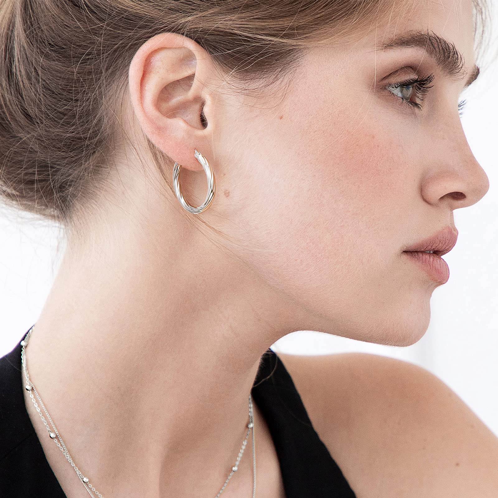 SWEETV 925 Sterling Silver Hoop Earrings for Women 25mm Medium Twisted Hypoallergenic Hoops Round Click-Top