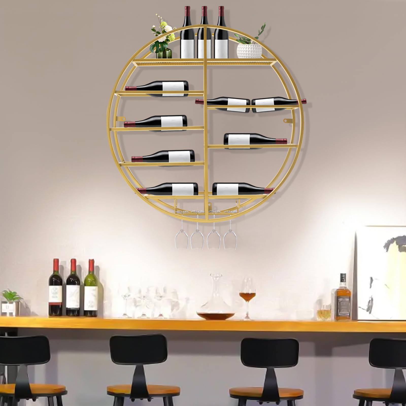 Wine Shelf Wall Mounted, Round Wine Glass Rack Wall Mounted, Metal Hanging Wine Display Holder Organizer, Gold Wine Racks for Home Kitchen Bar Decor Storage, Suitable Goblet Diameter:2.76-3.54in