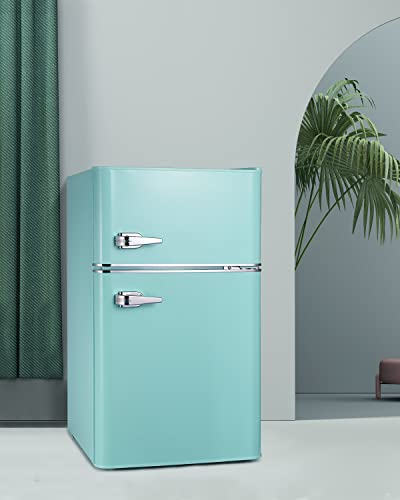 WATOOR 3.2 CU. FT. Mini Refrigerator With Freezer - Removable Glass Shelves and Basket - 7 Temp Setting - Small Drink Food Storage Cooler for Office, Dorm, Apartment, Bedroom, Mint Green