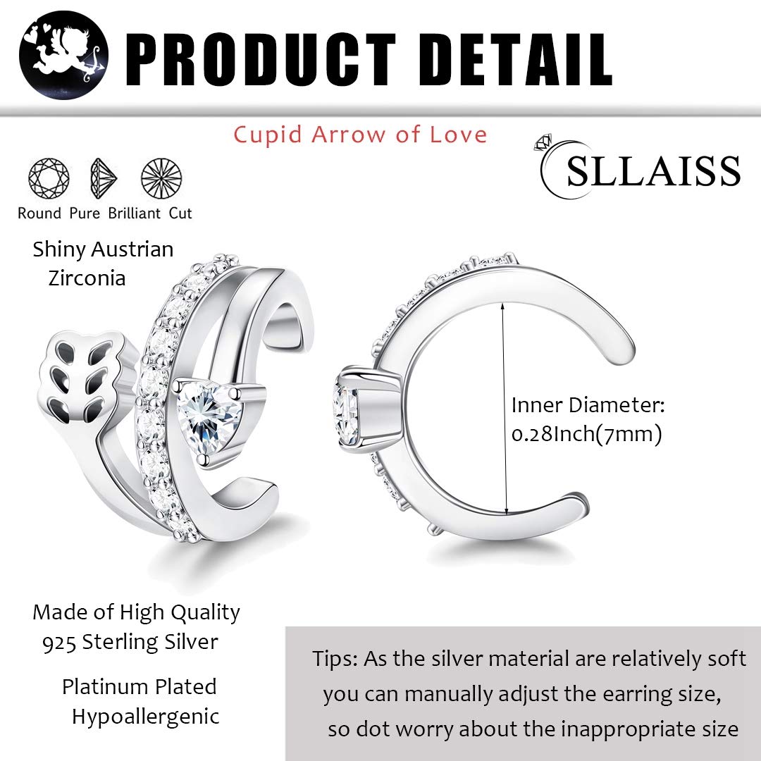 Sllaiss 925 Sterling Silver Arrow Cuff Earring for Women White Gold Plated Small Non Pierced Earrings Valentine Jewelry Gift (Silver Tone)