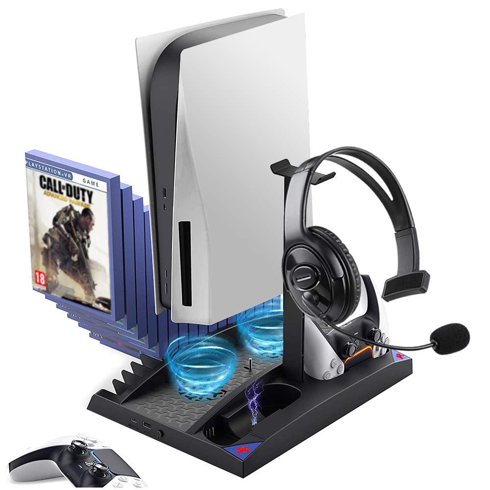PS5 Cooling Fan Stand, arVin PS5 Stand Cooler with Dual Controller Charging Station, 1 Headset Holder & 17 Game Slots Organizer for Playstation 5 Console Digital Edition & Disc Edition
