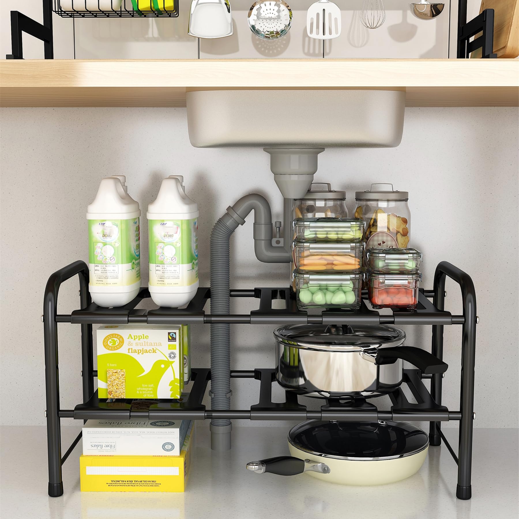 Under Sink Organizers and Storage, Expandable Metal 2 Tier Cabinet Shelf Storage Rack With 10 Detachable Panels for Kitchen Bathroom