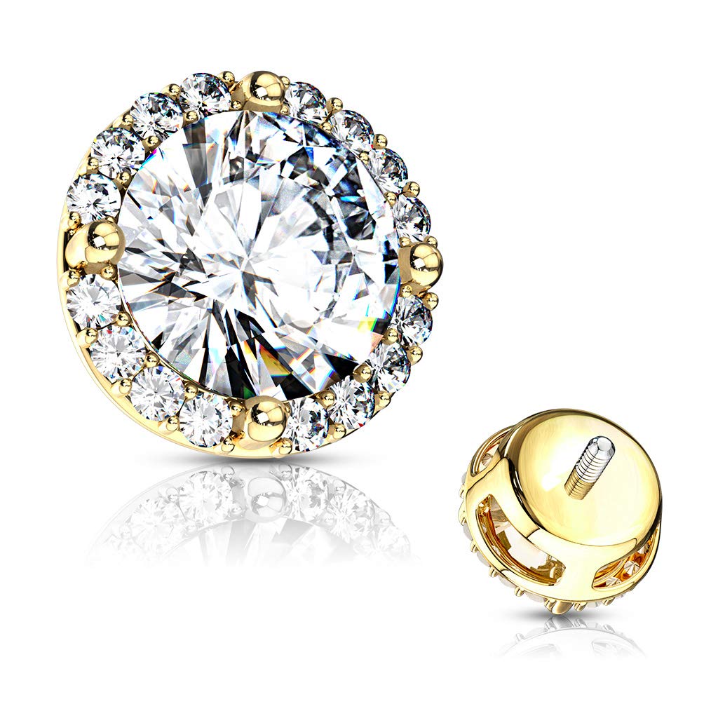 Round Prong CZ Center with CZ Around Internal Thread Dermal Anchor Tops (Gold)