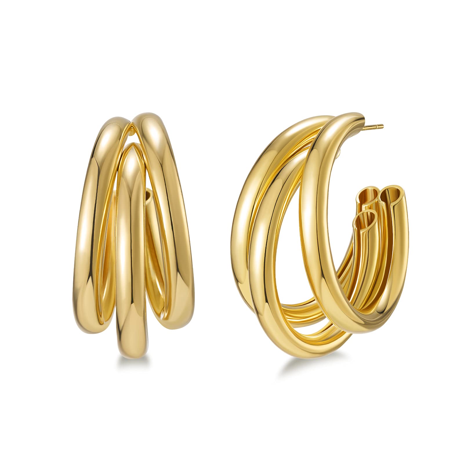 SWEETV Chunky Gold Hoop Earrings 20mm Thick for Women Triple Hoops Sterling Silver Open Earring