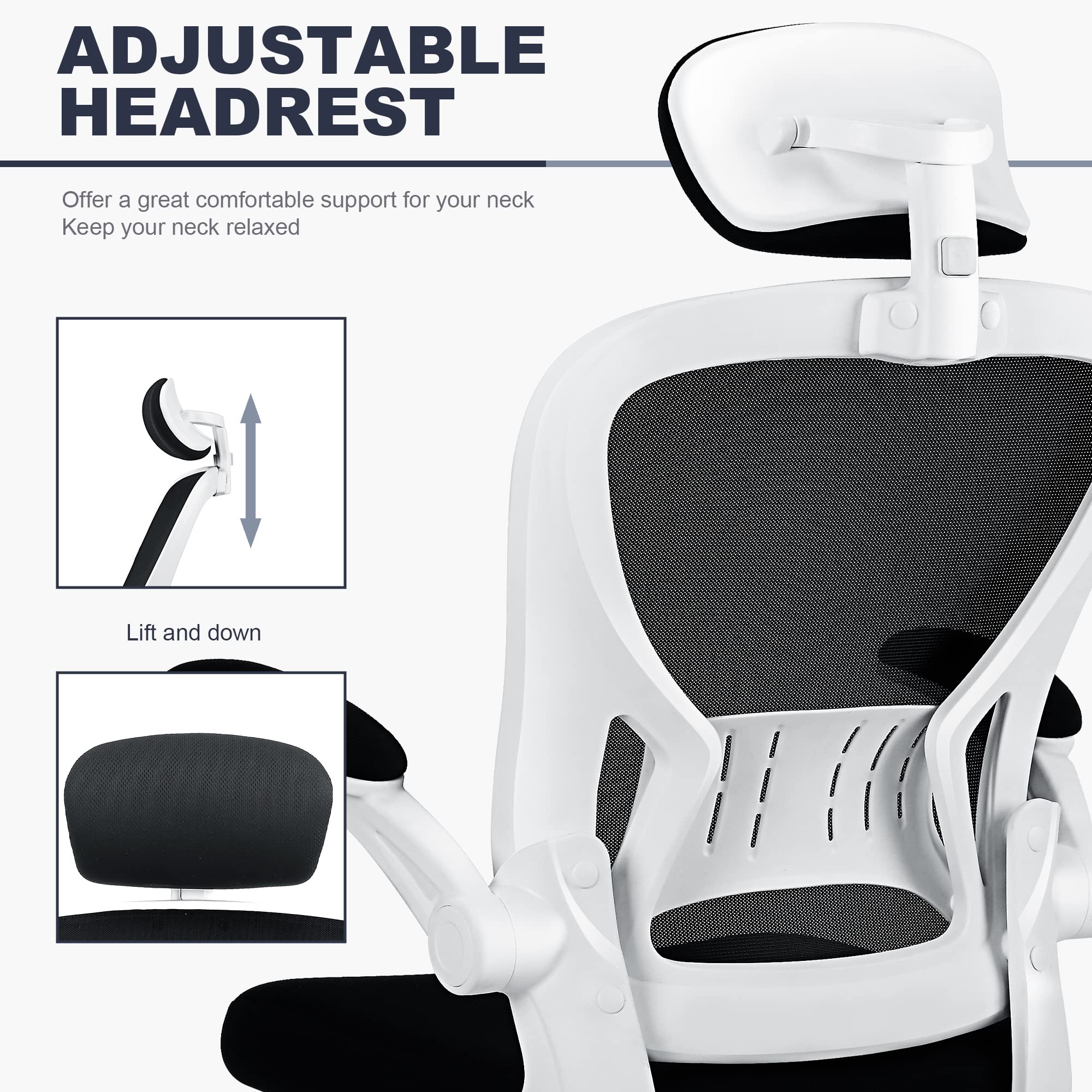 Office Chair Ergonomic Desk Chair Comfort Adjustable Height with Wheels,Lumbar Support Mesh Swivel Computer Home Office Study Task Chair 5003H (5003H-white)