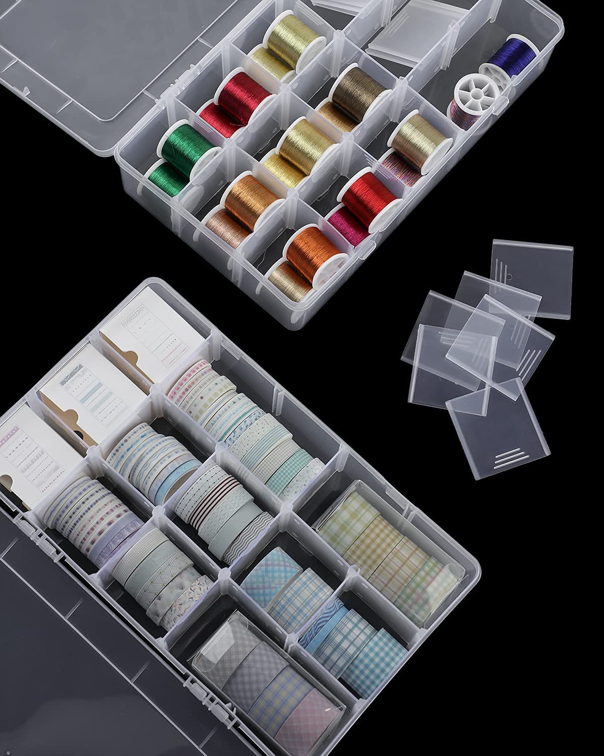 WingsShop 15 Large Grid Organizer Box Clear Plastic Adjustable Compartments Storage Container with Removable Dividers for Beads, Washi Tape Sewing Arts Small Parts Jewelry Earring Crafts and Tackle