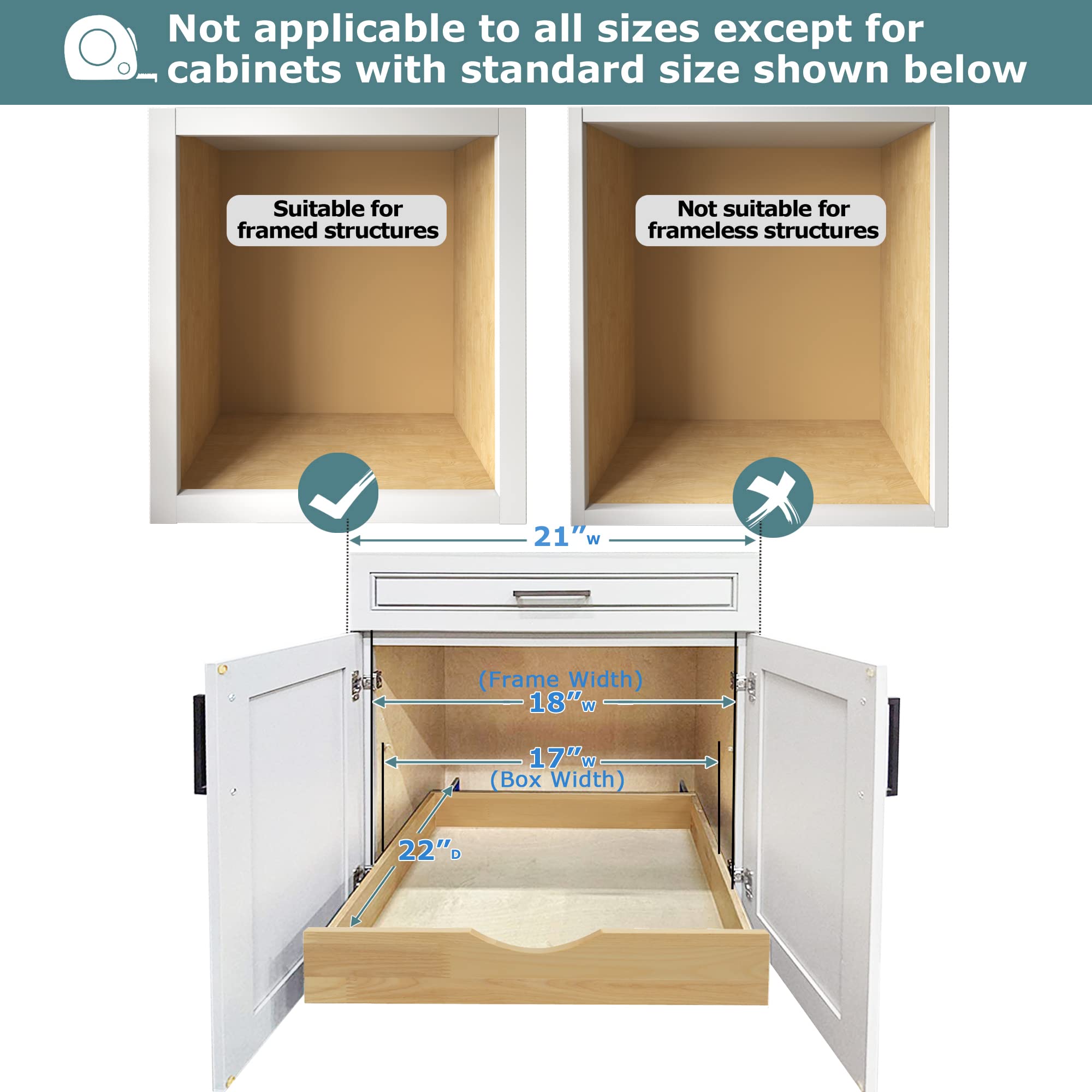 WelFurGeer 17'' Width Pull Out Drawers for Kitchen Cabinets, Cabinet Organizers and Storage, Slide Out Cabinet Drawer, Slide Out Drawer Organizer, Wood Rack for Kitchen, Bathroom (17''W x 21''D)