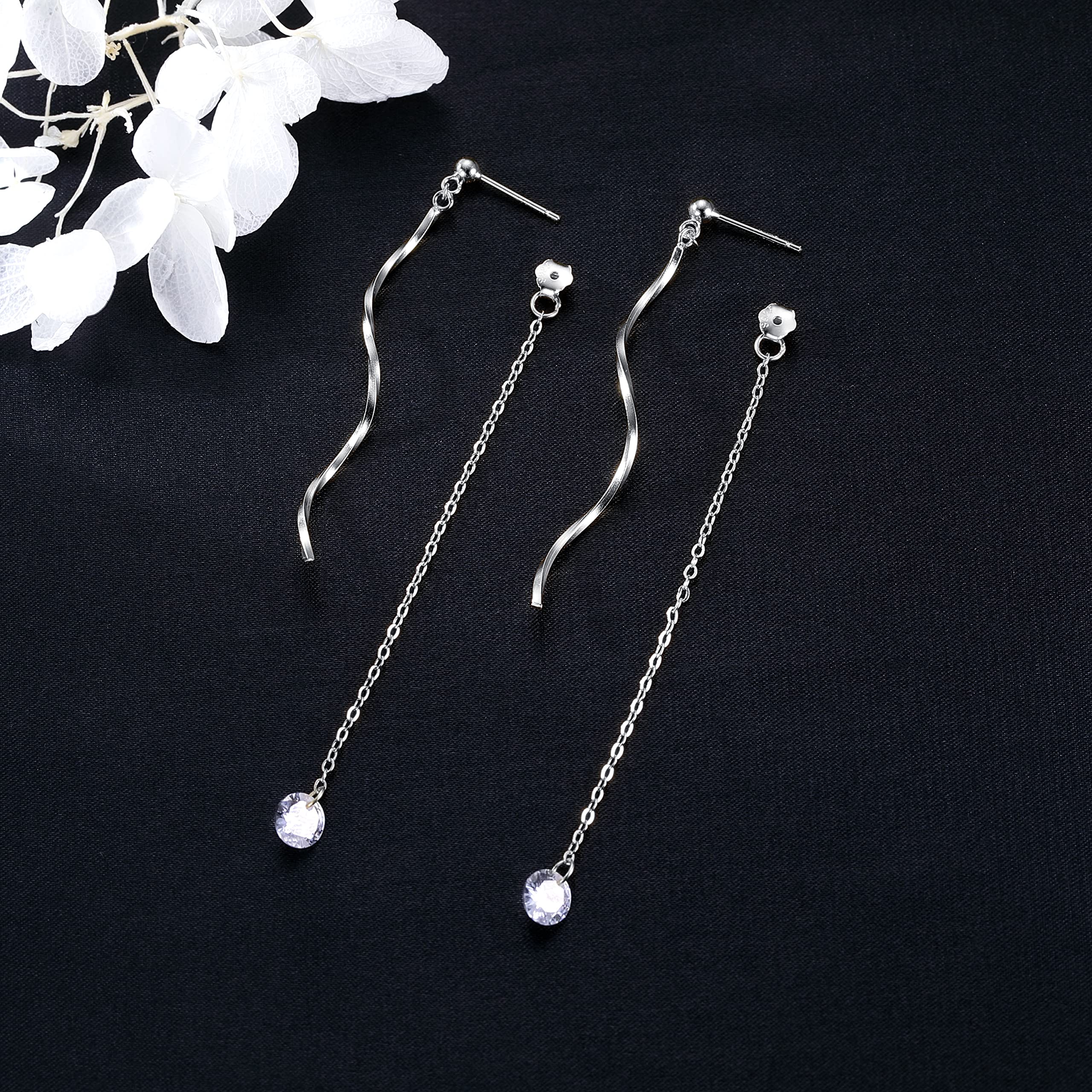 SLUYNZ 925 Sterling Silver CZ Droplet Dangle Earrings Chain for Women Teen Girls Long Dangle Earrings Curved Tassel (A-Silver)