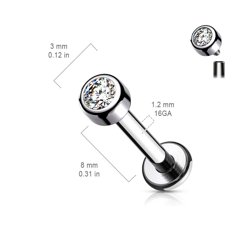 Pierced Owl 16G G23 Implant Grade Titanium Internally Threaded Bezel Set CZ Crystal Labret Monroe Lip Cartilage Helix Tragus Stud (Aqua)