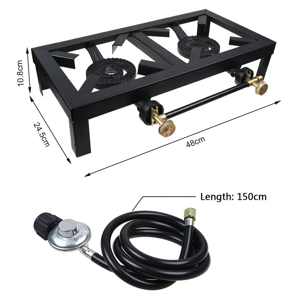 Outdoor Propane Gas Burner, Double Burners Cast Iron Stove with 1.5m Propane Regulator Hose, Patio Yard Camping BBQ Cooking