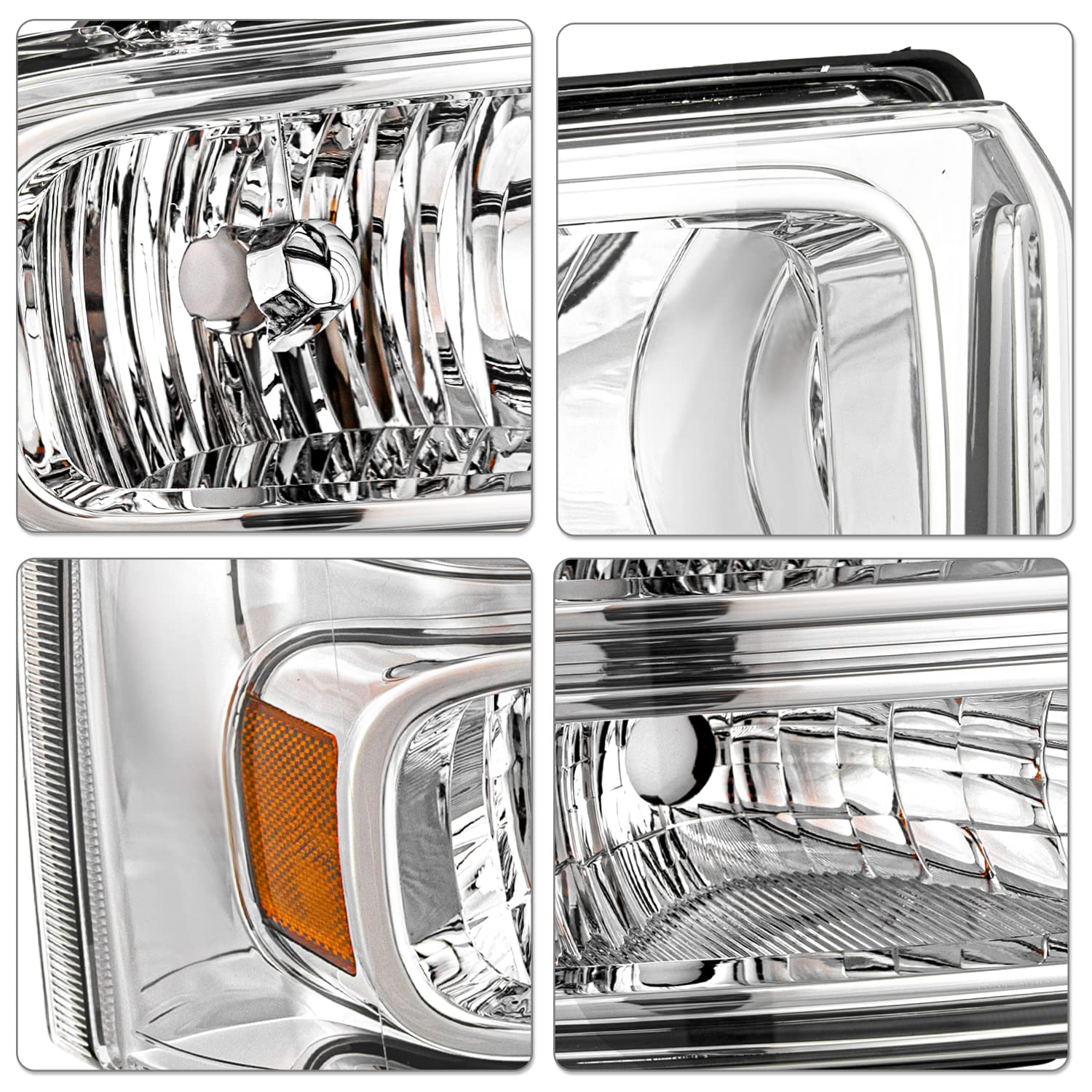 SOCKIR Headlight Assembly Compatible with 05 06 07 Ford F250 F350 F450 F550 Super Duty / 2005 Ford Excursion Driver and Passenger Side (Chrome Housing & Amber Reflector)