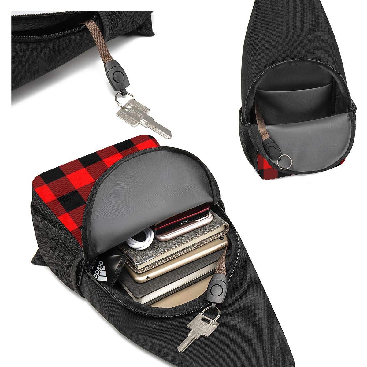 QIUYELONG Sling Backpack,Travel Hiking Daypack Pattern Rope Crossbody Shoulder Bag Red and Black Buffalo Plaid Printed
