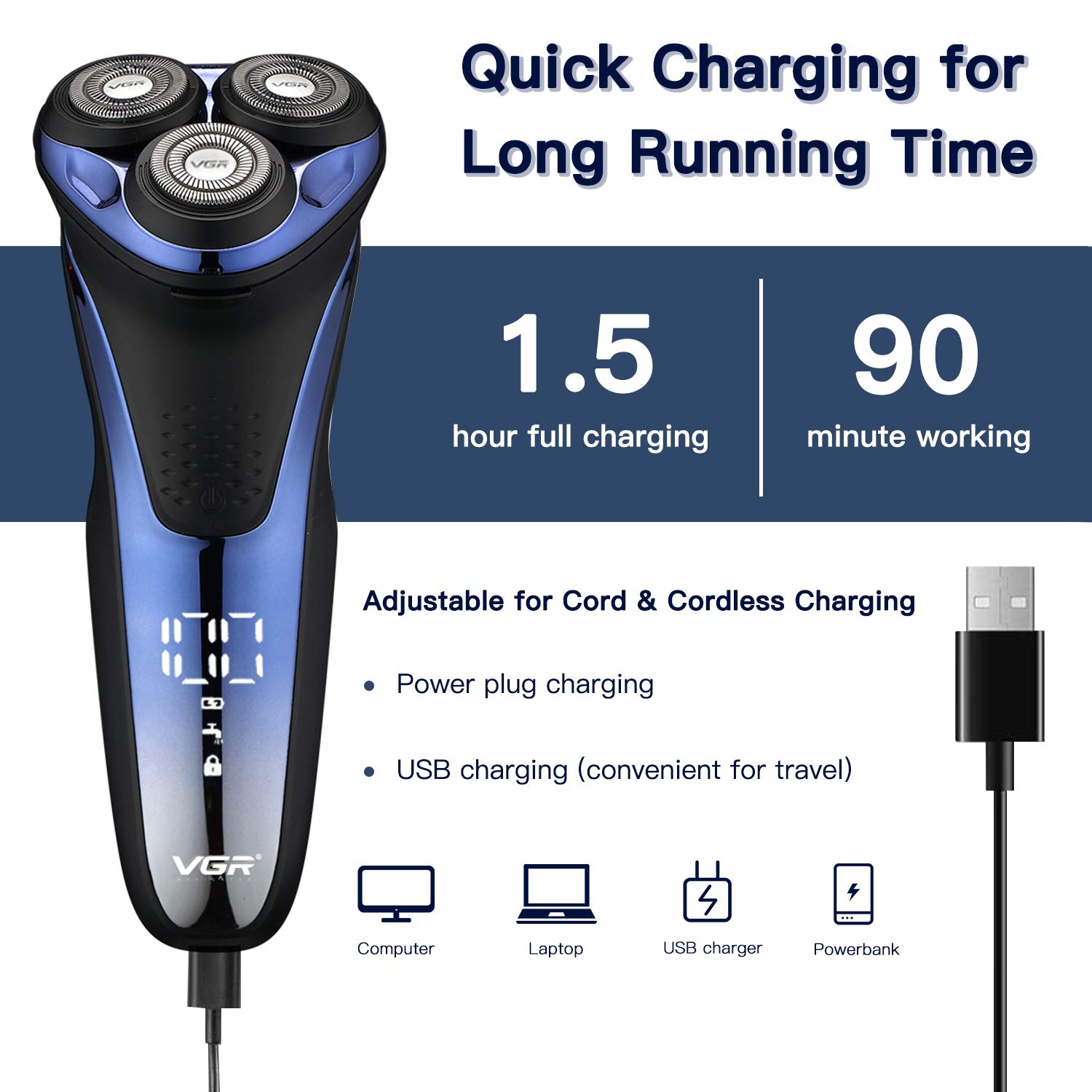 VGR Electric Shaver for Men, USB Rechargeable, Wet & Dry Razor, Pop-up Sideburn Trimmer, IPX7-Waterproof, Corded & Cordless Beard Shavers, LED Display