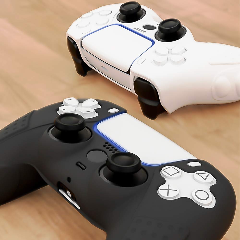 PS5 DualSense Controller Skin, Studded Anti-Slip PS5 DualSense Controller Cover Silicone Grip for PS5 Controller(Black&White Controller Skin x 2 + FPS PRO Thumb Grips x 8)
