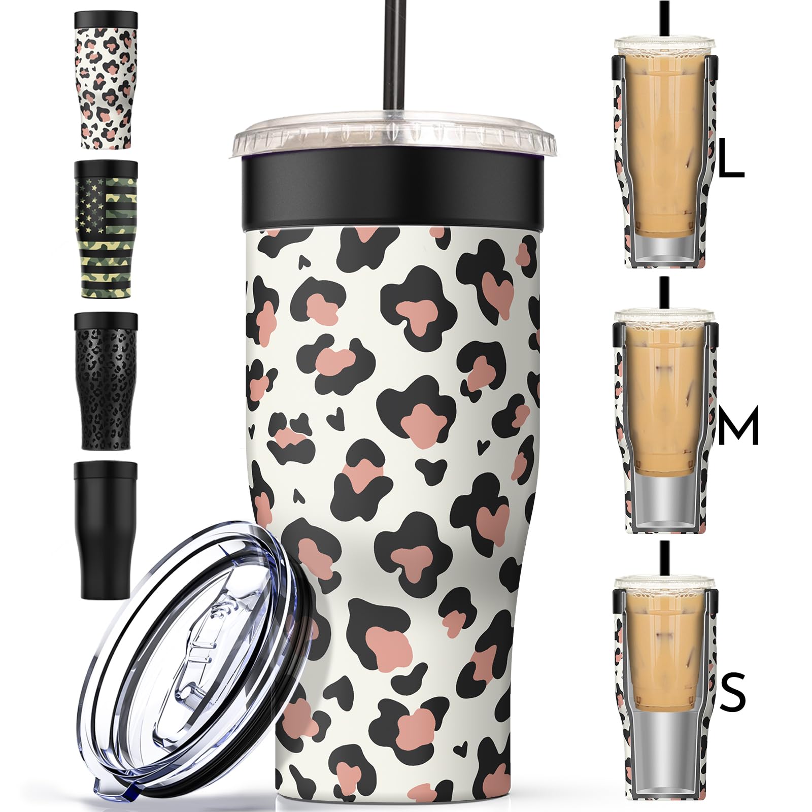 Universal Iced Coffee Sleeve - Upgraded Double Wall Reusable Stainless Steel Holder Sleeves Insulator for Cold Drinks Fits Starbucks Dunkin Donuts McDonalds Small Medium Large Cups (Luxy Leopard)