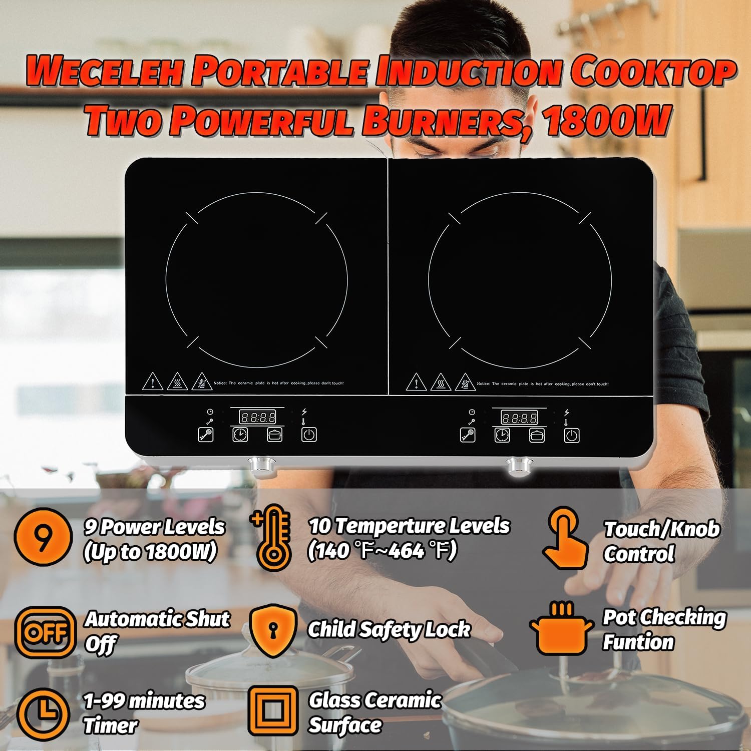 Weceleh Portable Double Induction Cooktop 1800W, 2 Burner Electric Cooktop, Countertop Induction Stove Top, Hot Plate, Induction Burner with Timer, 10 Temp Levels, Child Lock, 110V-120V Plug, Black