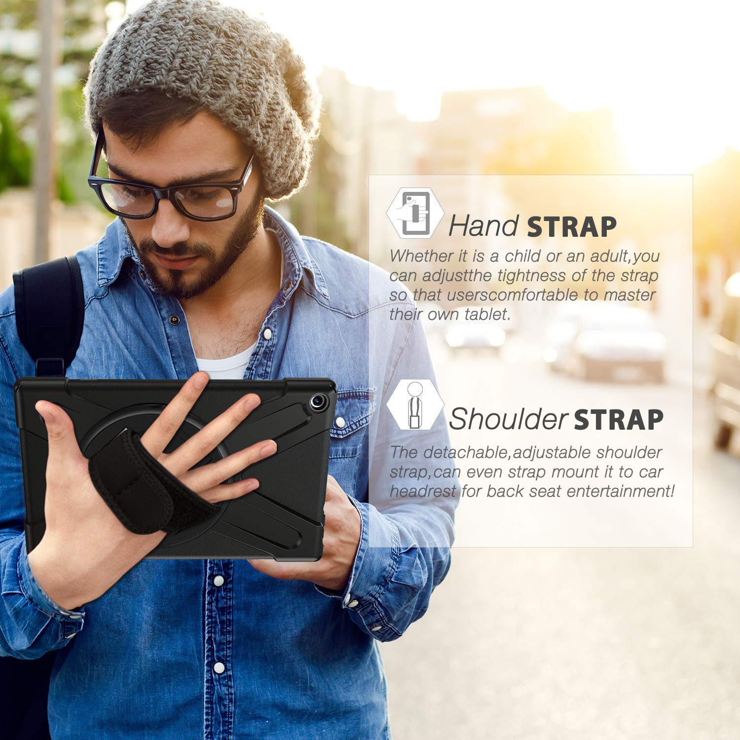 TSQ Fire HD 10 Tablet Case Kids 2019/2018/2017 (NOT fit 11th 2021) |Amazon Fire Tablet 10 Case 9th 8th 7th Generation Heavy Duty |Protective Case w/Stand Hand Shoulder Strap for Kindle Fire 10, Black