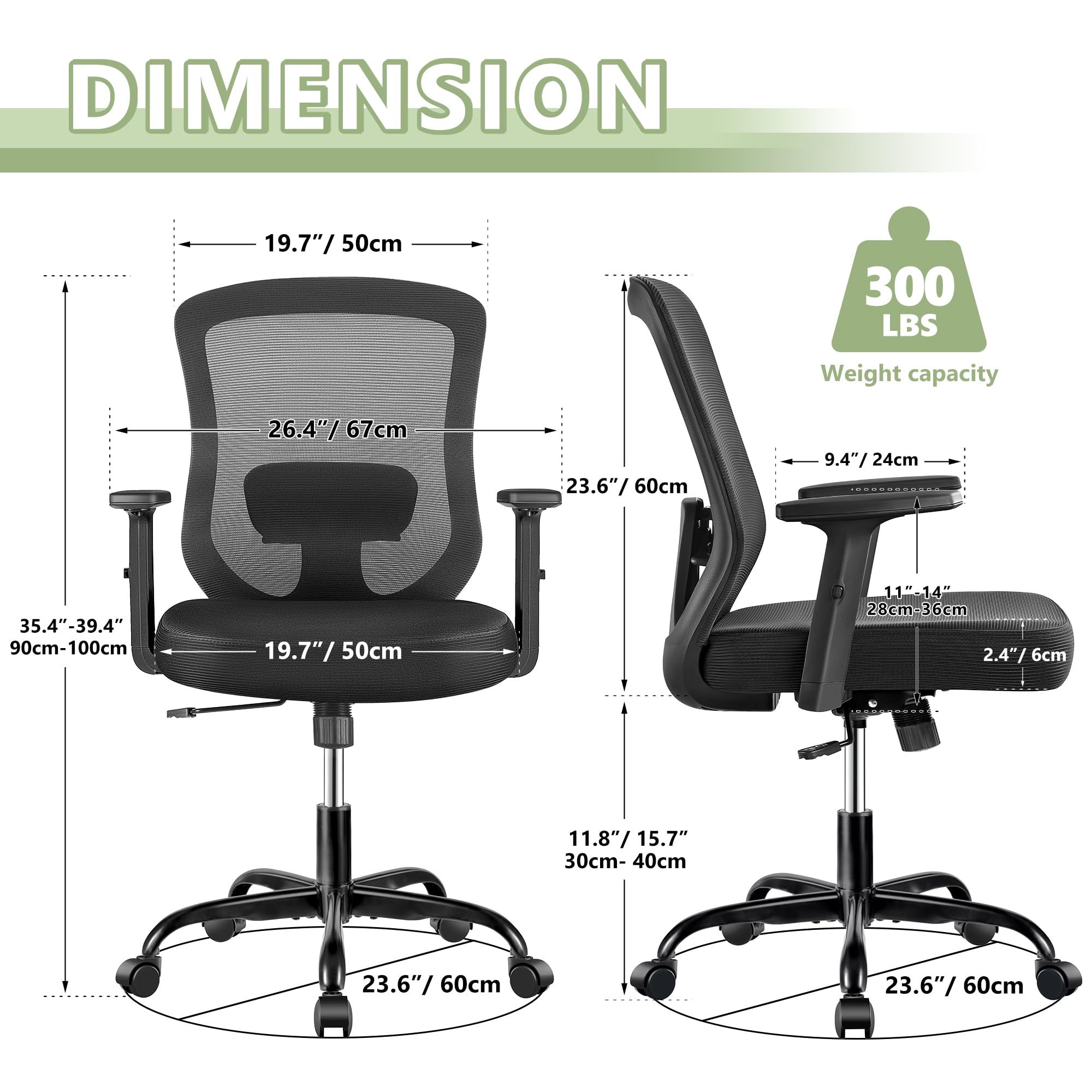 Winrise Office Chair, Ergonomic Home Office Desk Chairs, Breathable Mesh Comfortable Work Chair Adjustable 2D Armrests, Rocking Executive Chair, Swivel Task Chair with Lumbar Support (Black)