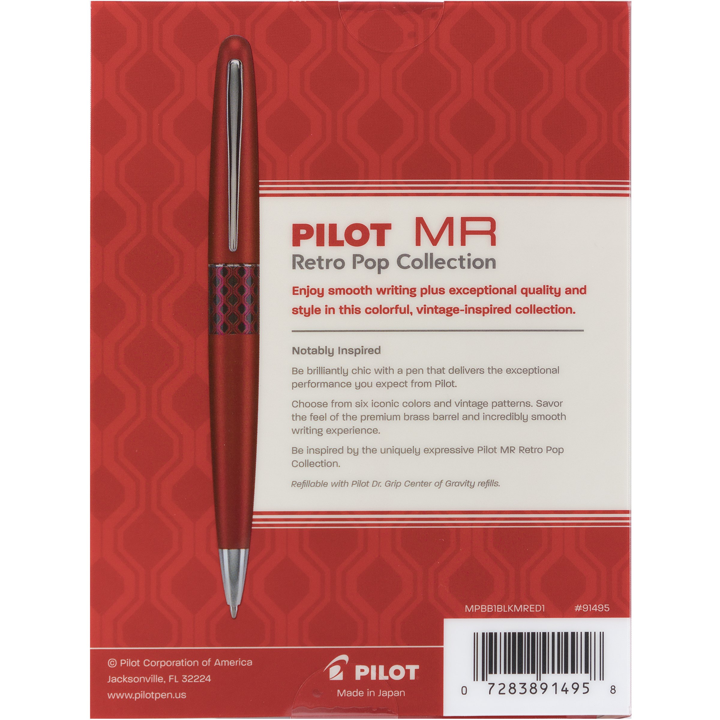 PILOT MR Retro Pop Collection Ballpoint Pen Gift Box with 2 Refills, Crimson Barrel with Wave Accent, Medium Point Stainless Steel Nib, Refillable Black Ink (91495)