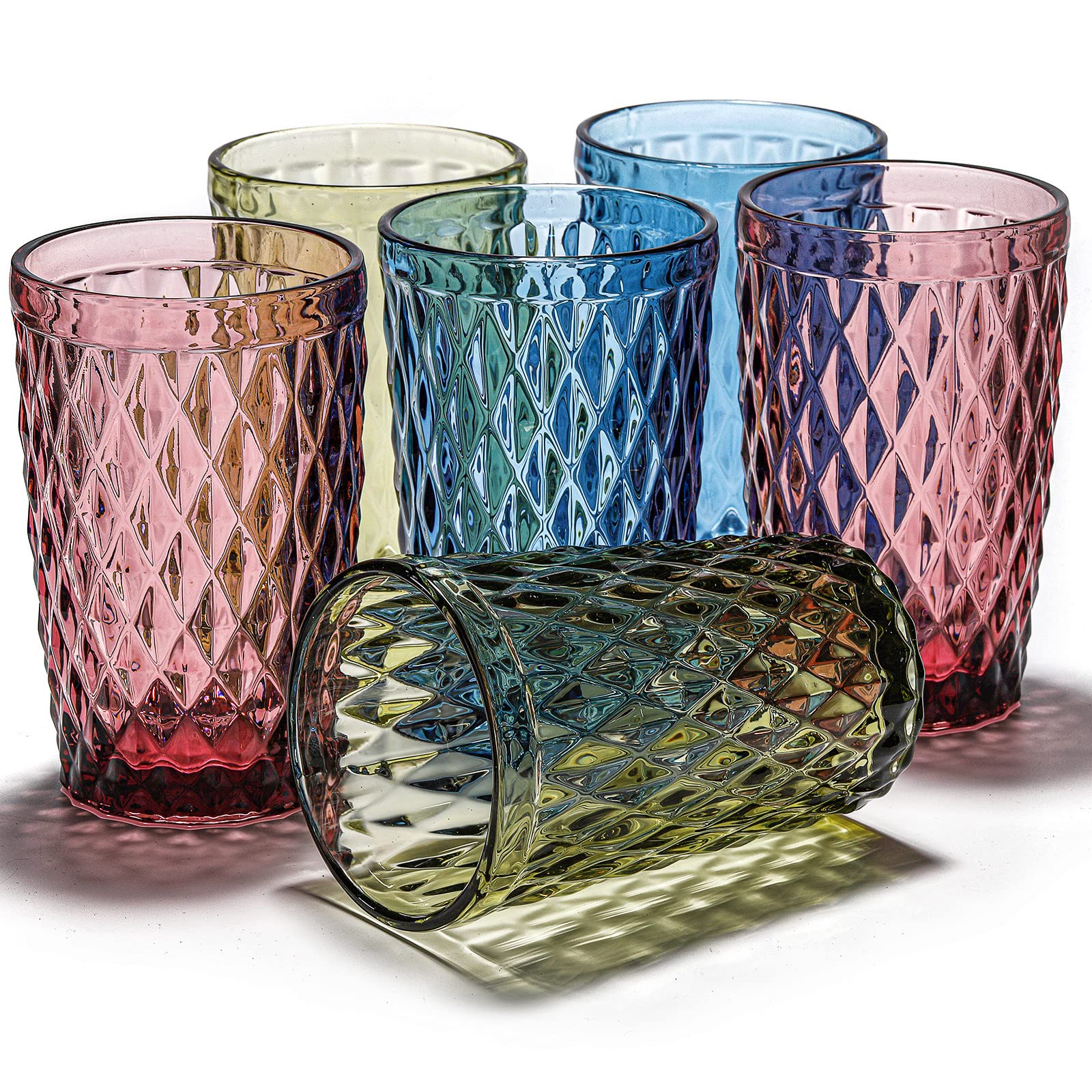 ZOOFOX Set of 6 Colored Drinking Glasses, 12oz Embossed Tumblers with Heavy Base, BPA-Free, Vintage Glassware Set for Wedding or Parties