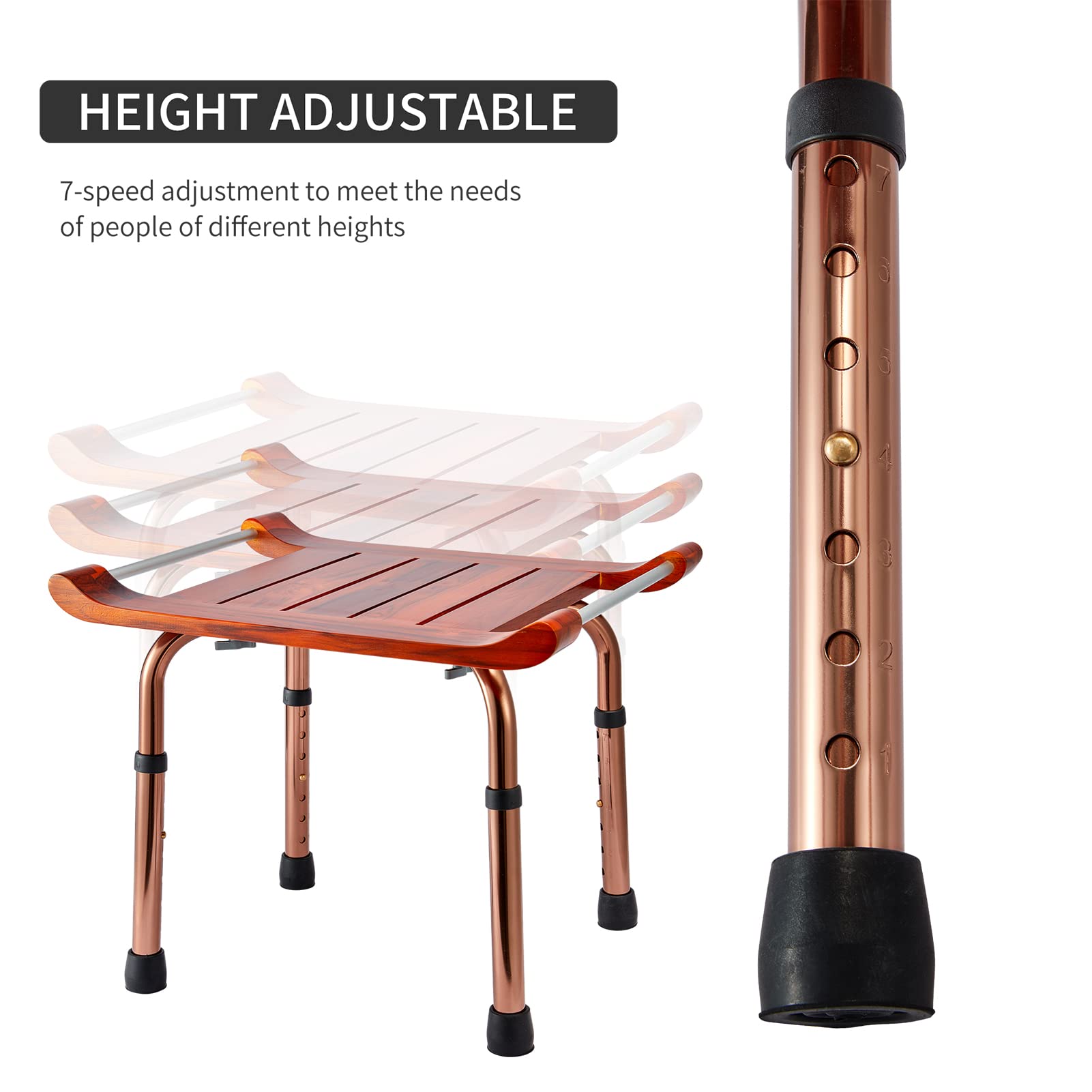 Teak Shower Bench with Handles, Shower Chair for Inside Shower, Height Adjustable Stool, Attached Shower Head Holder Skid pad, Supports Up to 300 Lbs Both Indoor and Outdoor use