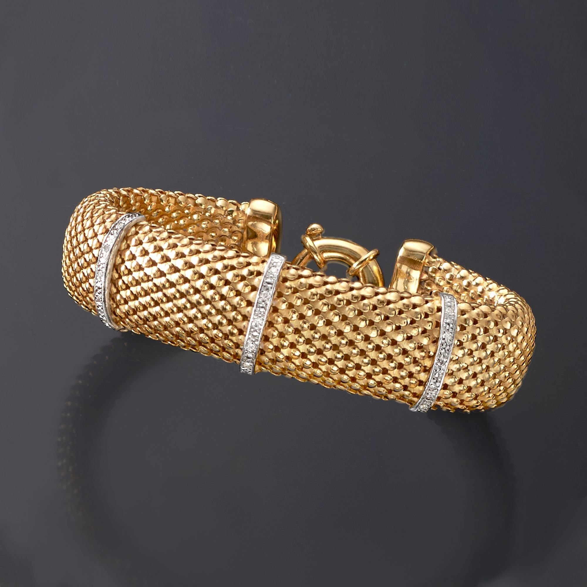 Ross-Simons Italian .15 ct. t.w. Diamond Bar Mesh Bracelet in 2-Tone Sterling Silver. 7.5 inches