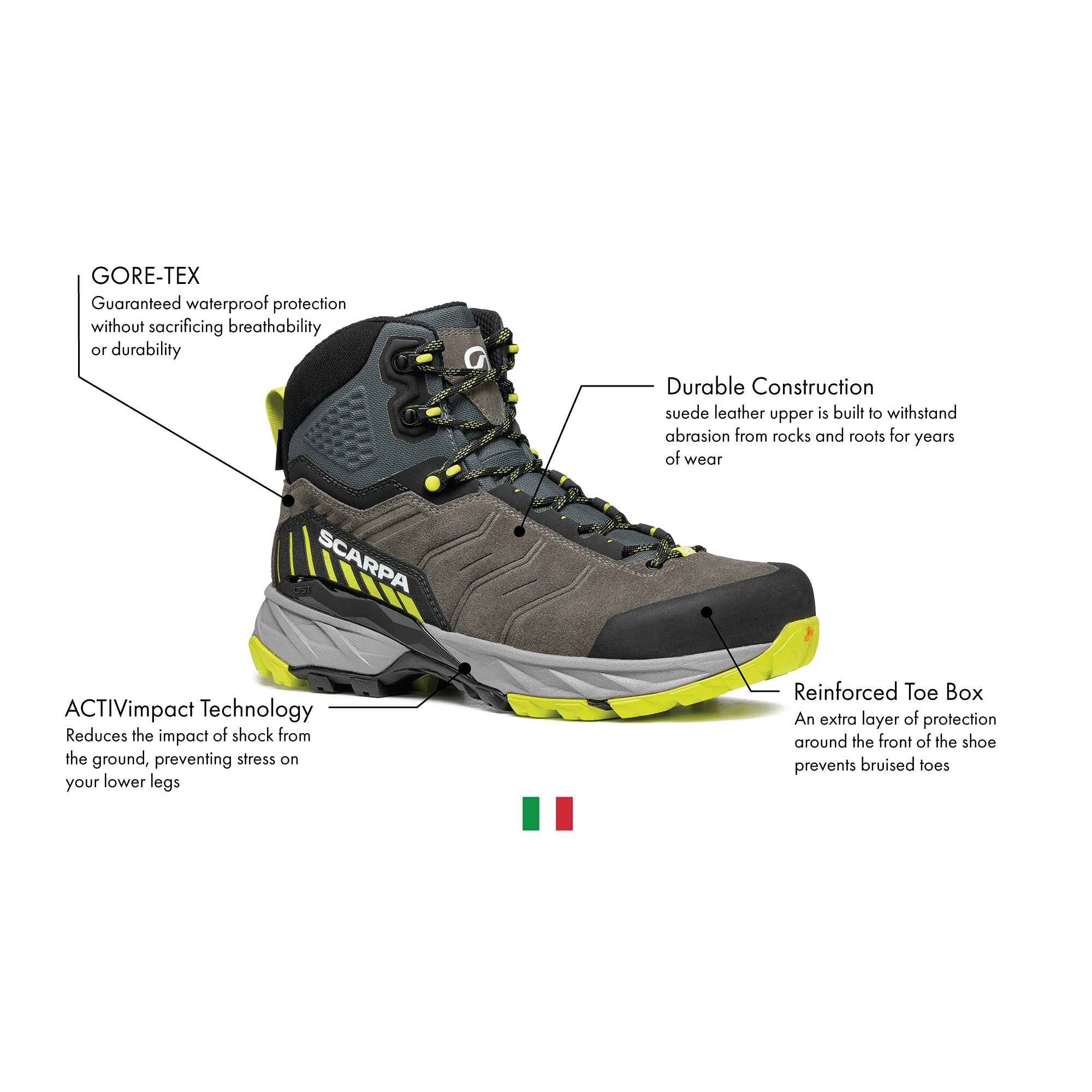 SCARPA Men's Rush Trk GTX Waterproof Gore-Tex Hiking and Backpacking Boots - Titanium/Lime - 10.5