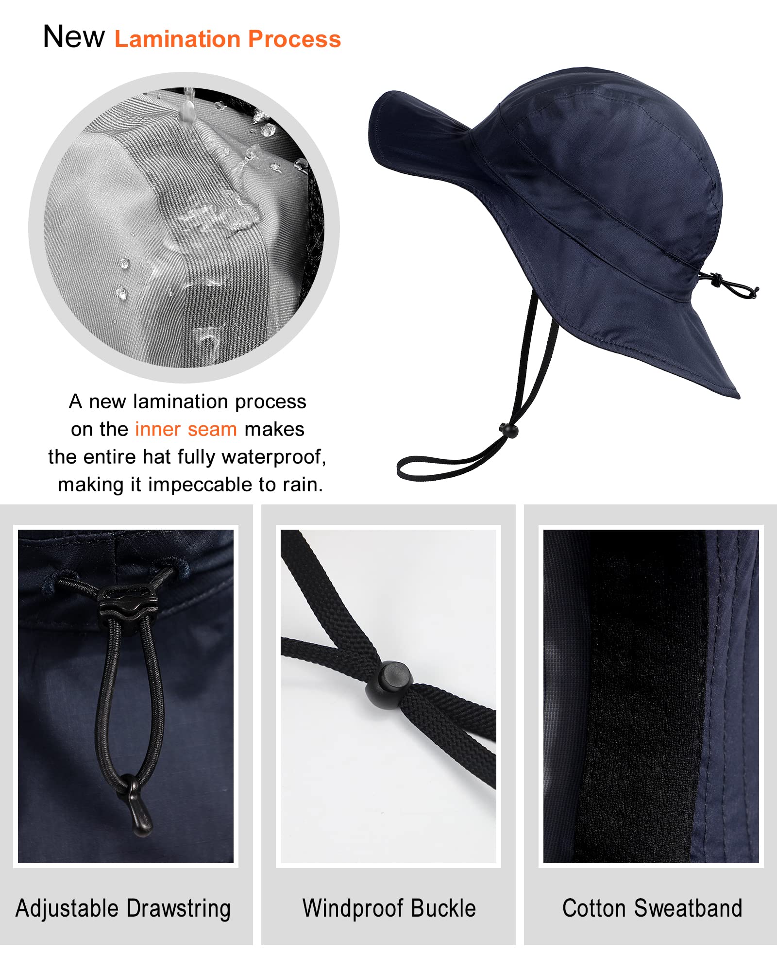 Womens Waterproof Bucket Sun Hat UPF 50+ Mens Rain Hat Packable Summer Beach Hat Adventure Hiking Safari Hat Navy Blue
