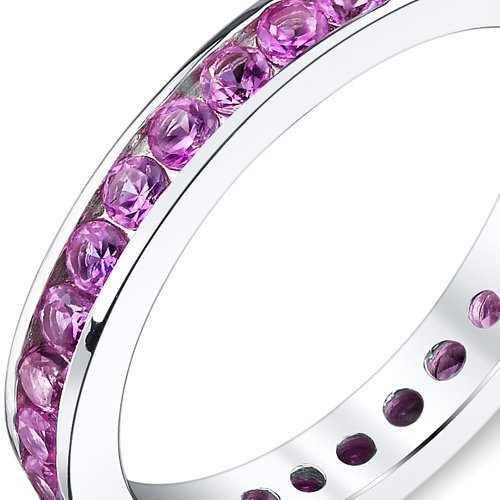 PEORA Created Pink Sapphire Eternity Ring Band for Women 925 Sterling Silver, 1.50 Carats total Round Shape, 3mm width, Size 8