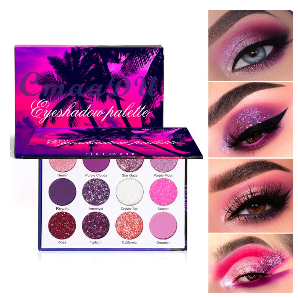 UOCK Purple matte shimmer eyeshadow palette, 12 colors glitter eyeshadow long lasting high pigment pink multi-color waterproof makeup palette