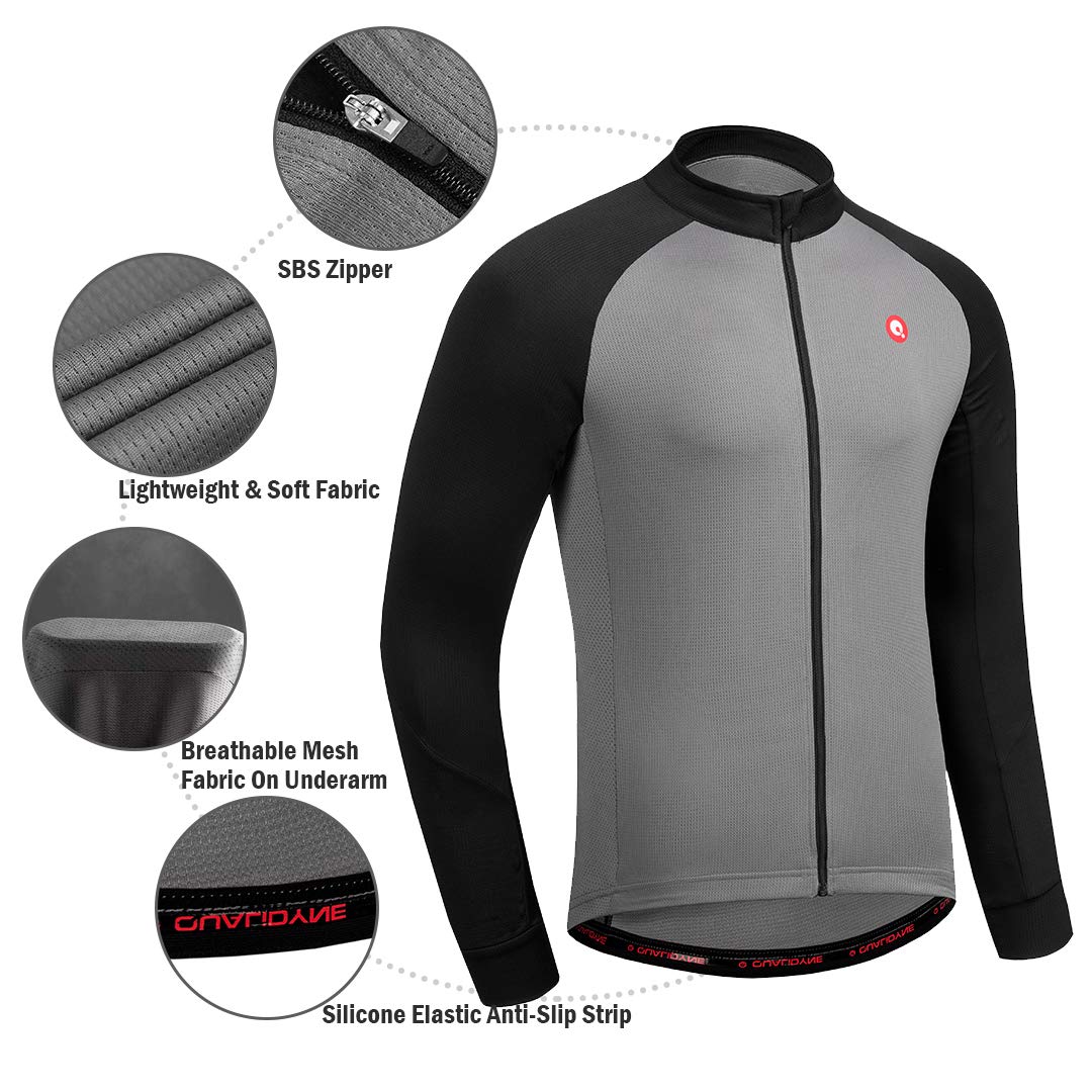 qualidyne Men's Cycling Jersey Long Sleeve Bike Biking Shirts Full Zipper Bicycle Tops with Pockets