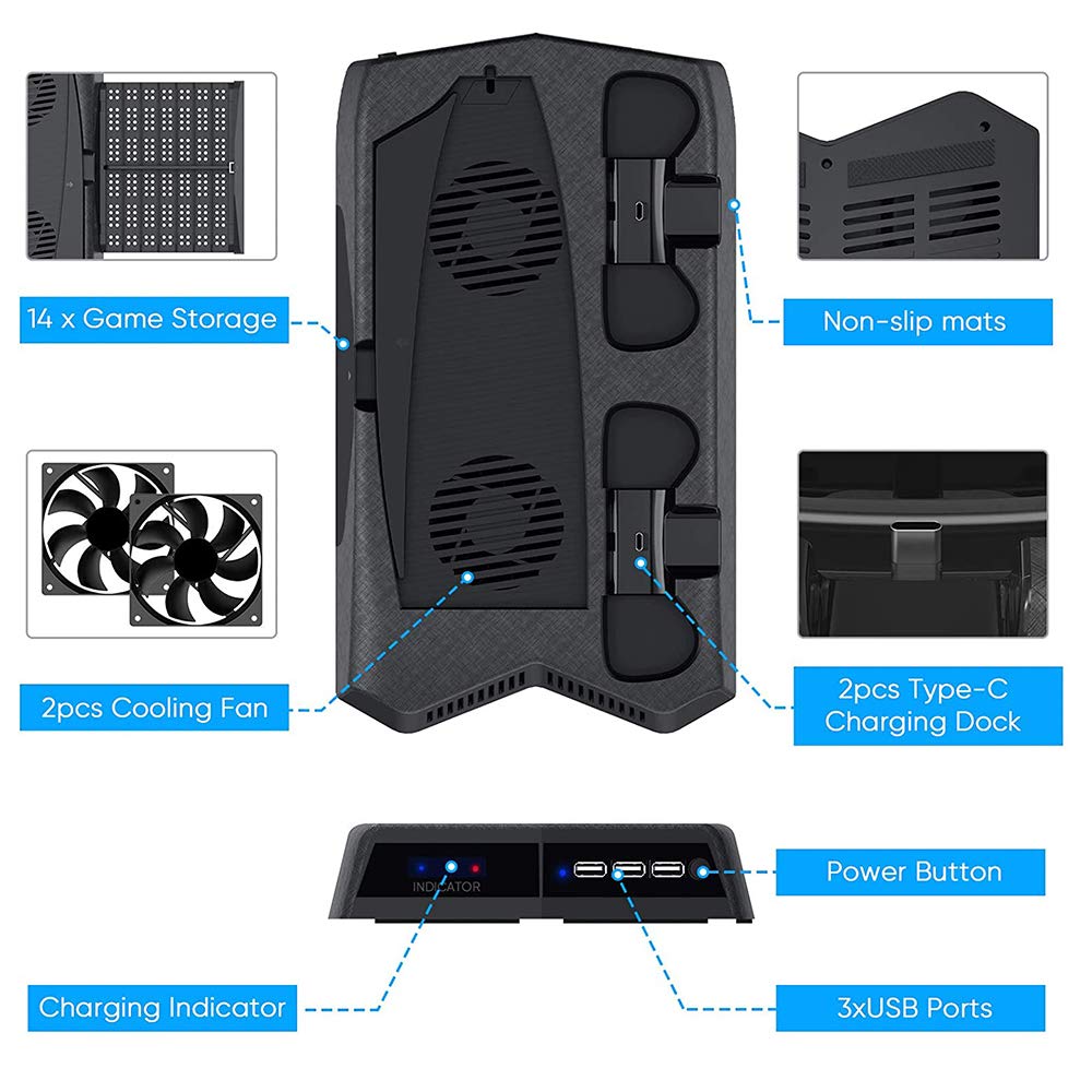 PS5 Vertical Stand Cooling Fan, Dual Controllers Charging Station, 14 Slots Game Storage and 3 Port USB Hub. The All-in-One Stand for Your PS5