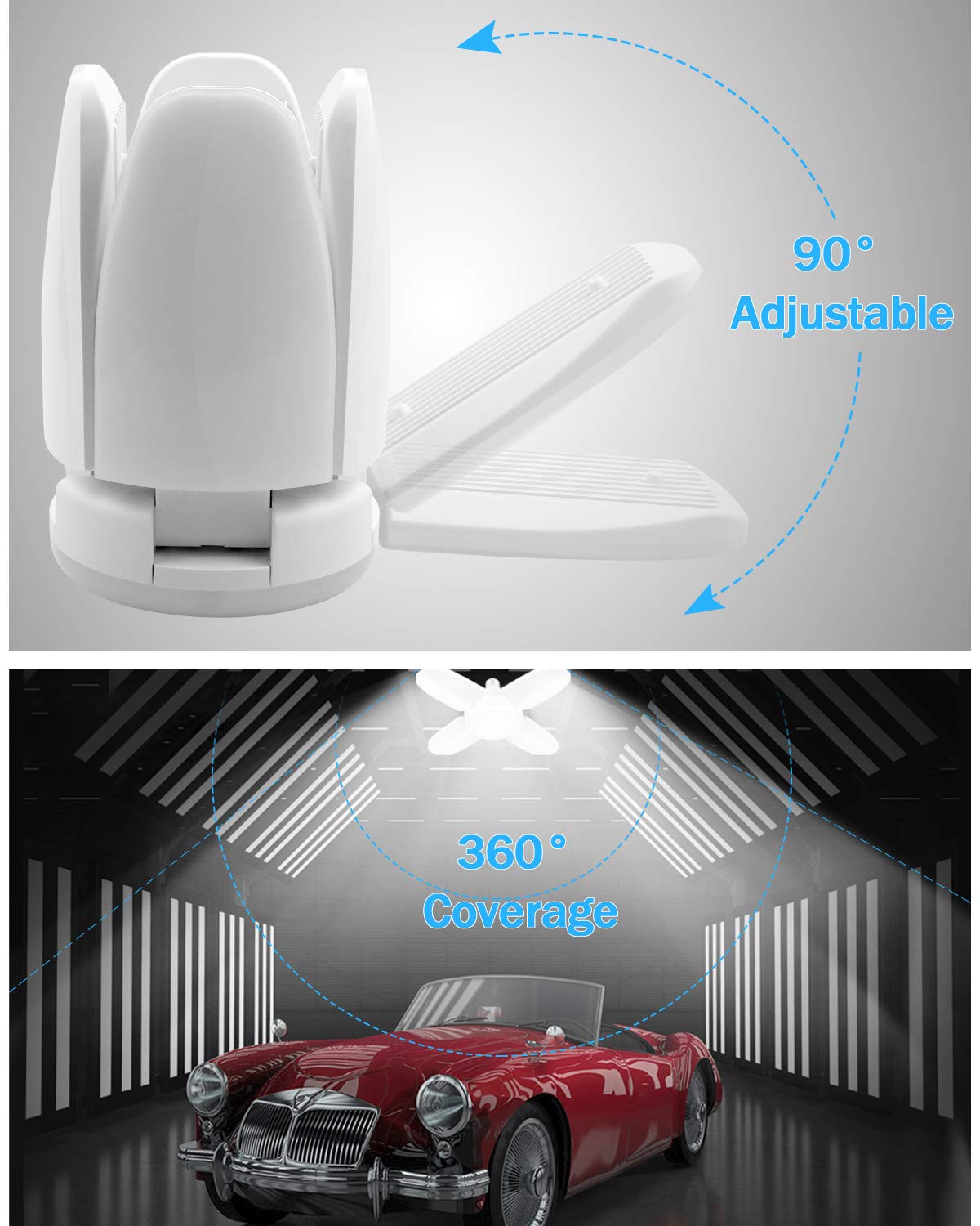 Samsion LED Garage Lights 2 Pack 60W Deformable Garage Light Ceiling LED 6000lm Daylight White 6500K E26 E27 Tribright LED Workshop Light with 4 Adjustable Panels for Basement Barn Storage Warehouse