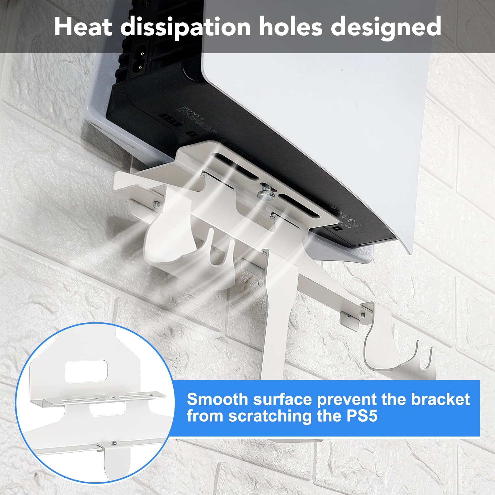 PS5 Wall Mount, Wall Bracket for PS5 (Disc and Digital Edition) with Detachable Controller Holder & Headphone Hanger, PS5 Wall Mount Kit, White
