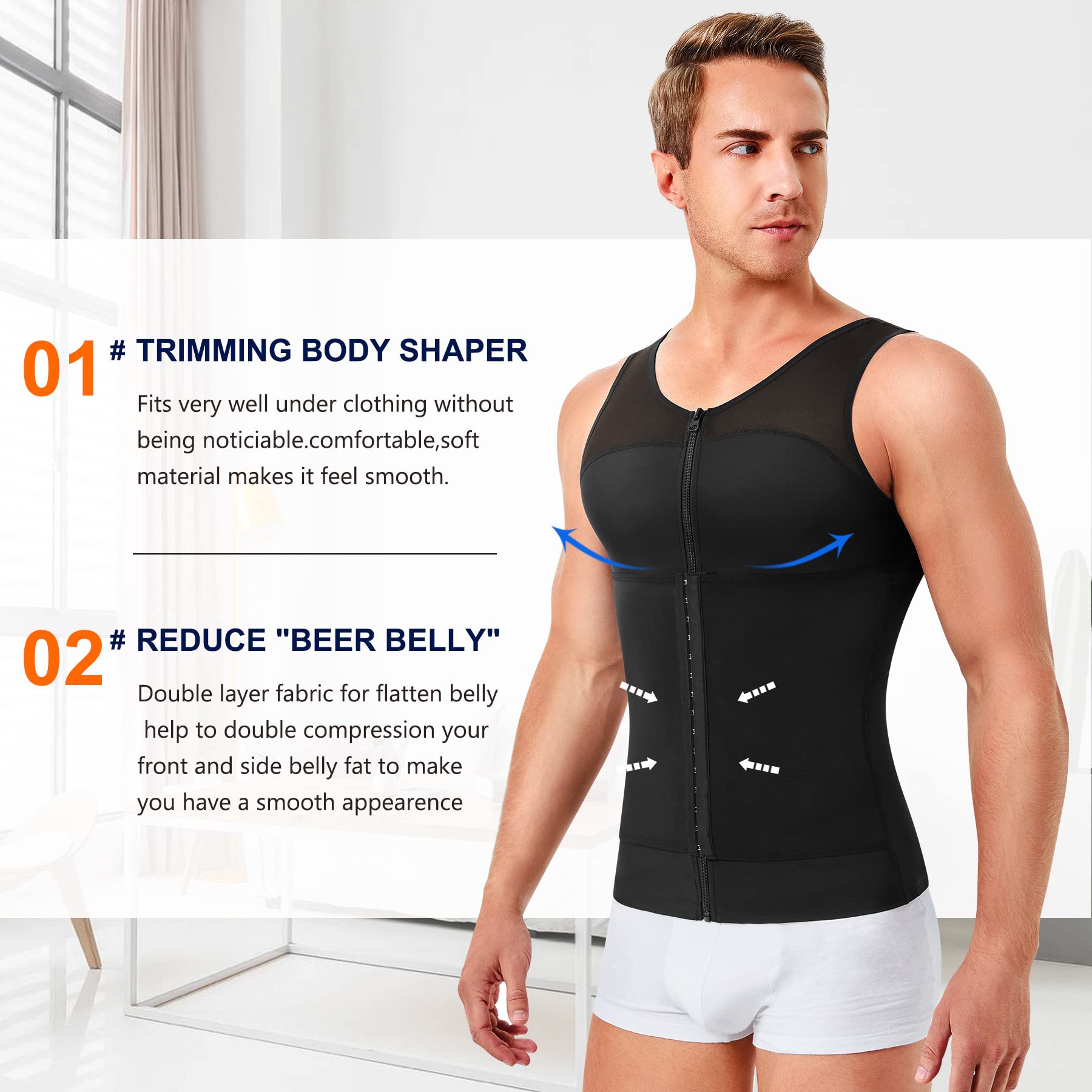 Wonderience Compression Shirts for Men Zipper Slimming Body Shaper Waist Trainer Tank Top Vest with Hooks(Black,Small)