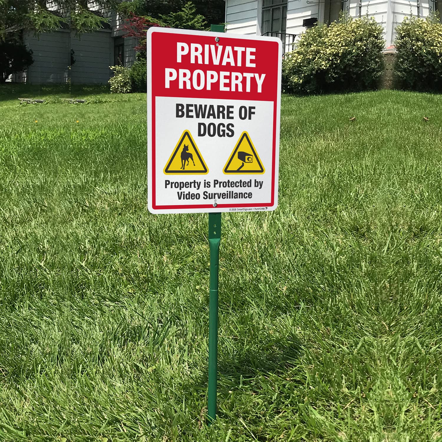 SmartSign 12 x 10 inch “Private Property - Beware Of Dogs, Property Protected By Video Surveillance” Yard Sign with 3 foot Stake, 40 mil Laminated Rustproof Aluminum, Multicolor, Set of 1, USA-Made