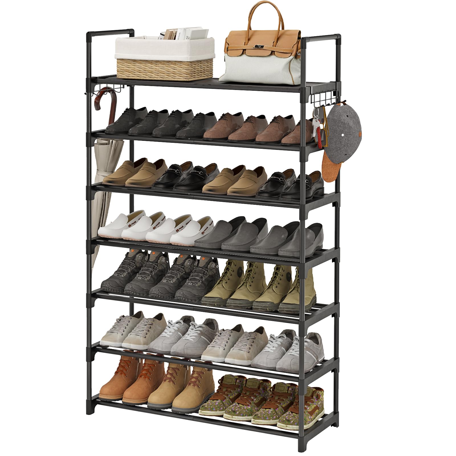 UNITSTAGE 7 Tiers Black Shoe Rack Shoe Organizer Shoe Storage for Closet 28-32 Pairs Metal Stackable Shoe Rack Shelf for Entryway for Garage Metal Pipes with Side Hooks Plastic Connectors