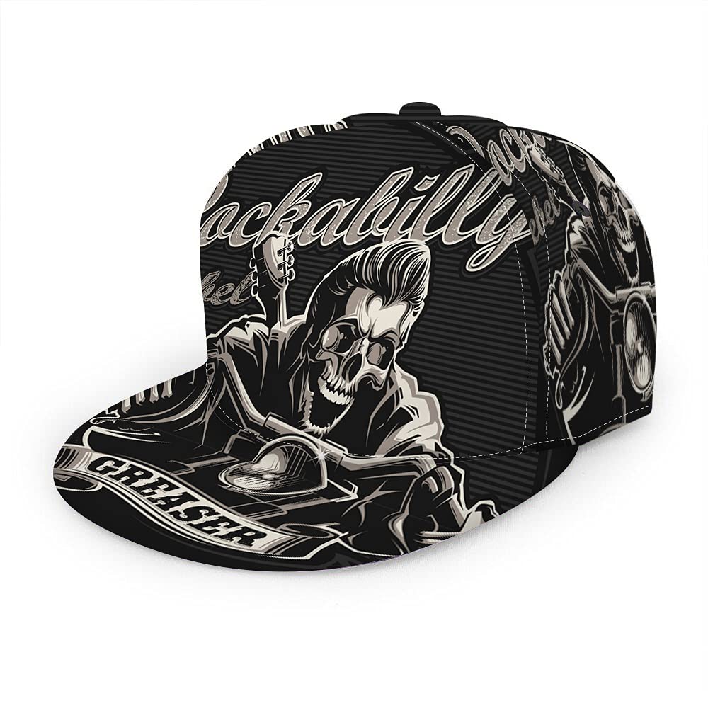 Swono Skull Baseball Cap,Cool Rockabilly Skull Motorcycle Biker with Greaser Banner Adjustable Snapback Trucker Hat Hiphop Hat for Men Women