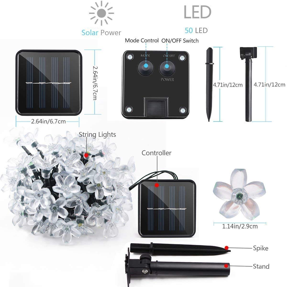 Solar Flower Fairy Lights Garden,WONFAST Waterproof 33feet 100LED Cherry Blossom Solar Powered String Lights 8 Mode for Outdoor Party Patio Garden Home Christmas Decoraions (White)