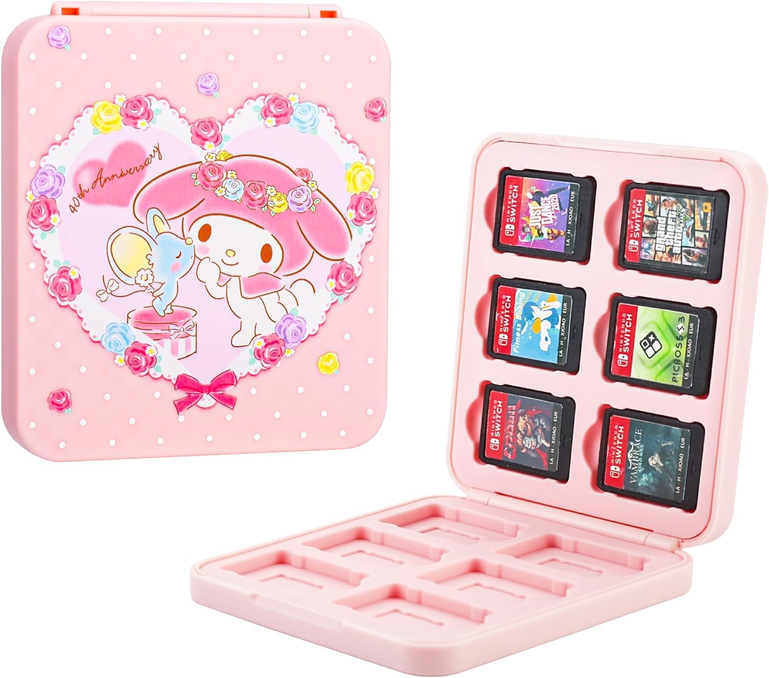 RHOTALL 12 Game Card Slots Case for Nintendo Switch and Switch OLED, Pink Anime Girl Cute Magnetic Game Storage Holder for Switch Games, 12 SD Card Cartridge Case with Soft Silicone Lining