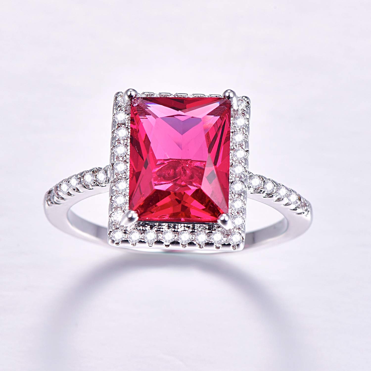 Psiroy 925 Sterling Silver Plated Simulated Ruby Spinel Classic Emerald Cut Halo Engagement Ring for Women Size 9