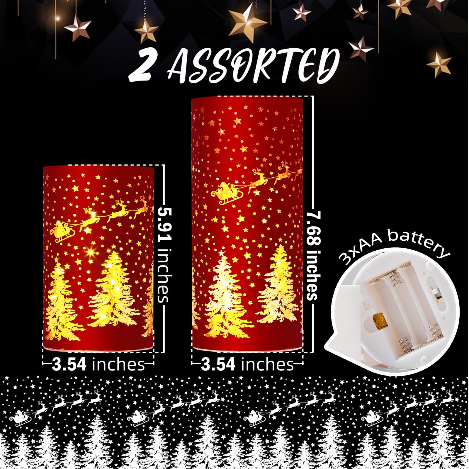 QRF Christmas Decorations, Decorative Glass Battery Powered LED String Lights, Christmas Tree Pattern All Around, Perfect for Christmas Home Decor Gift Tabletop Display Party Centerpiece (RED)