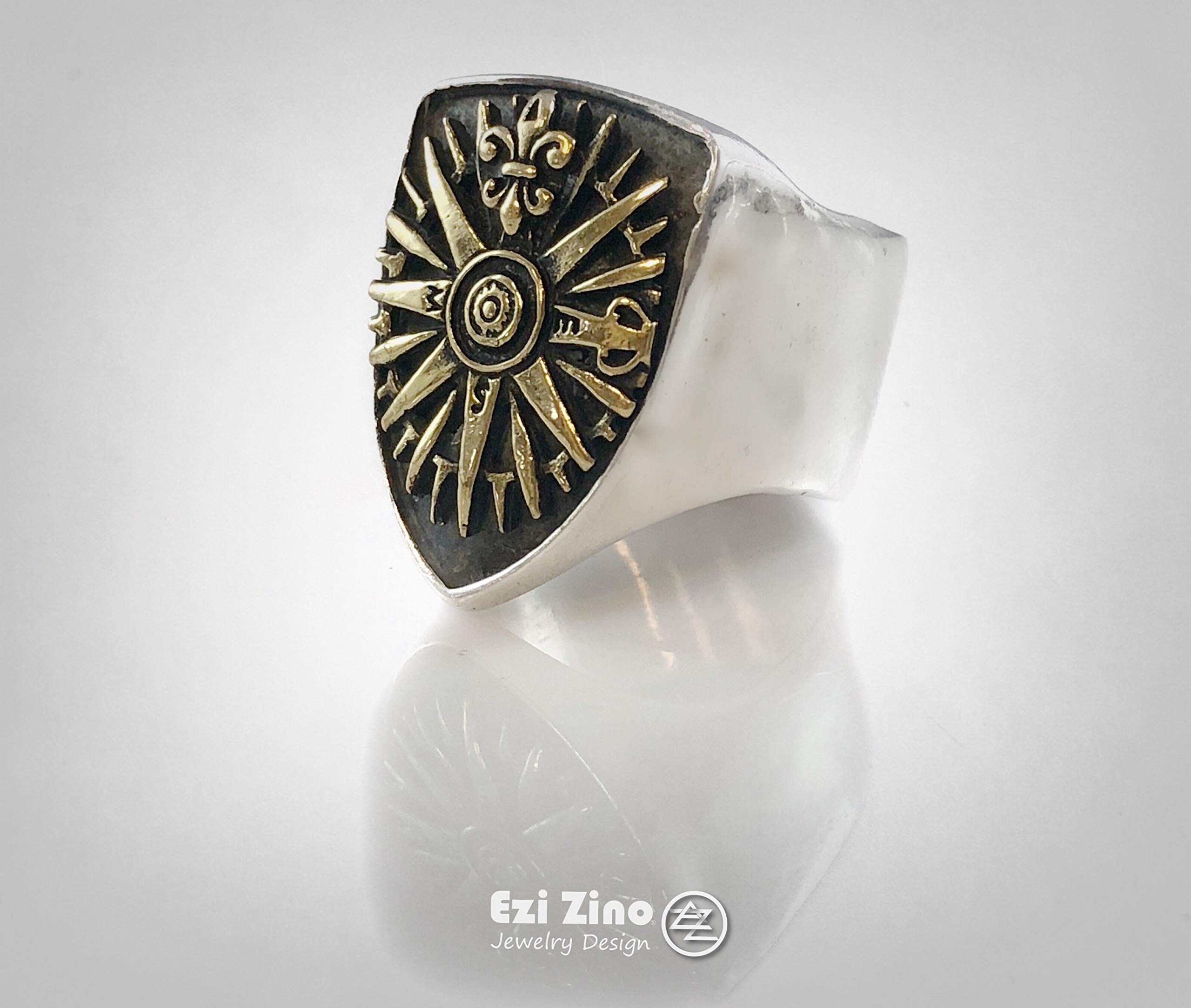 SILVERLAND1 Vintage Compass Fleur de Lis Brass & Solid Sterling Silver 925 Shield Ring by Ezi Zino (13)