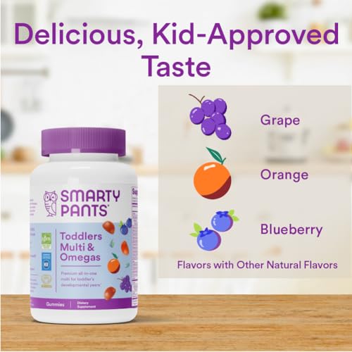 SmartyPants Toddler Multivitamin Gummies: Omega 3 Fish Oil (EPA/DHA), Vitamin D3, C, Vitamin B12, B6, Vitamin A, K & Zinc for Immune Support, Gluten Free, Three Fruit Flavors, 90 Count (30 Day Supply)