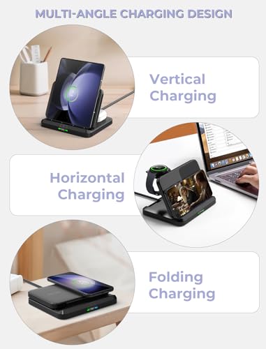 Wireless Charging Station for Samsung and Android, 3 in 1 Foldable Wireless Charger Fast Charger Stand for Galaxy S24/S23/S22/S21/S20 Z Fold 5/4/3 Z Flip 5/4/3, Note20 Ultra, Watch 6/5/Pro/4/3, Buds