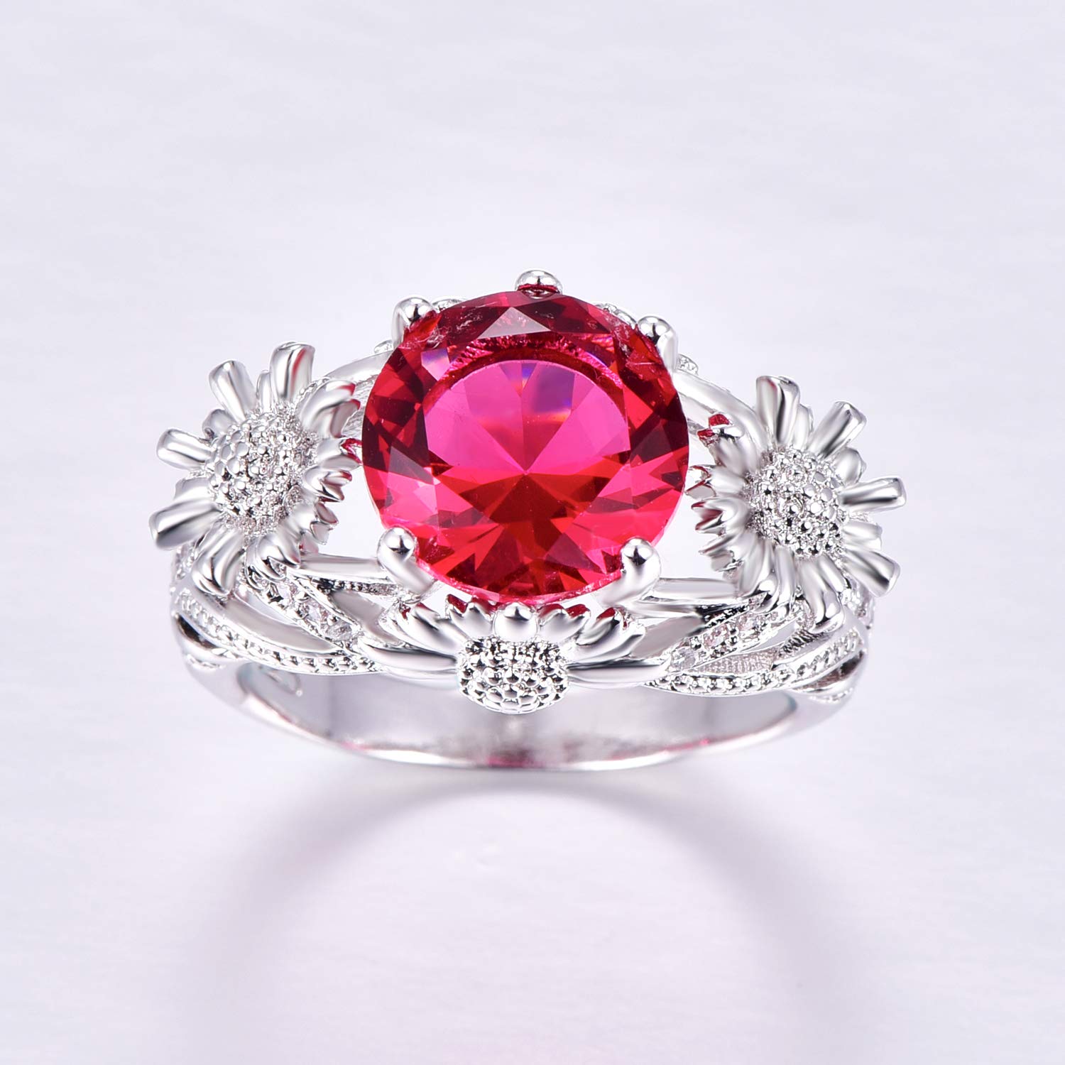 Psiroy 925 Sterling Silver Created Ruby Spinel Filled Dasiy Flower Cocktail Ring for Women Size 12