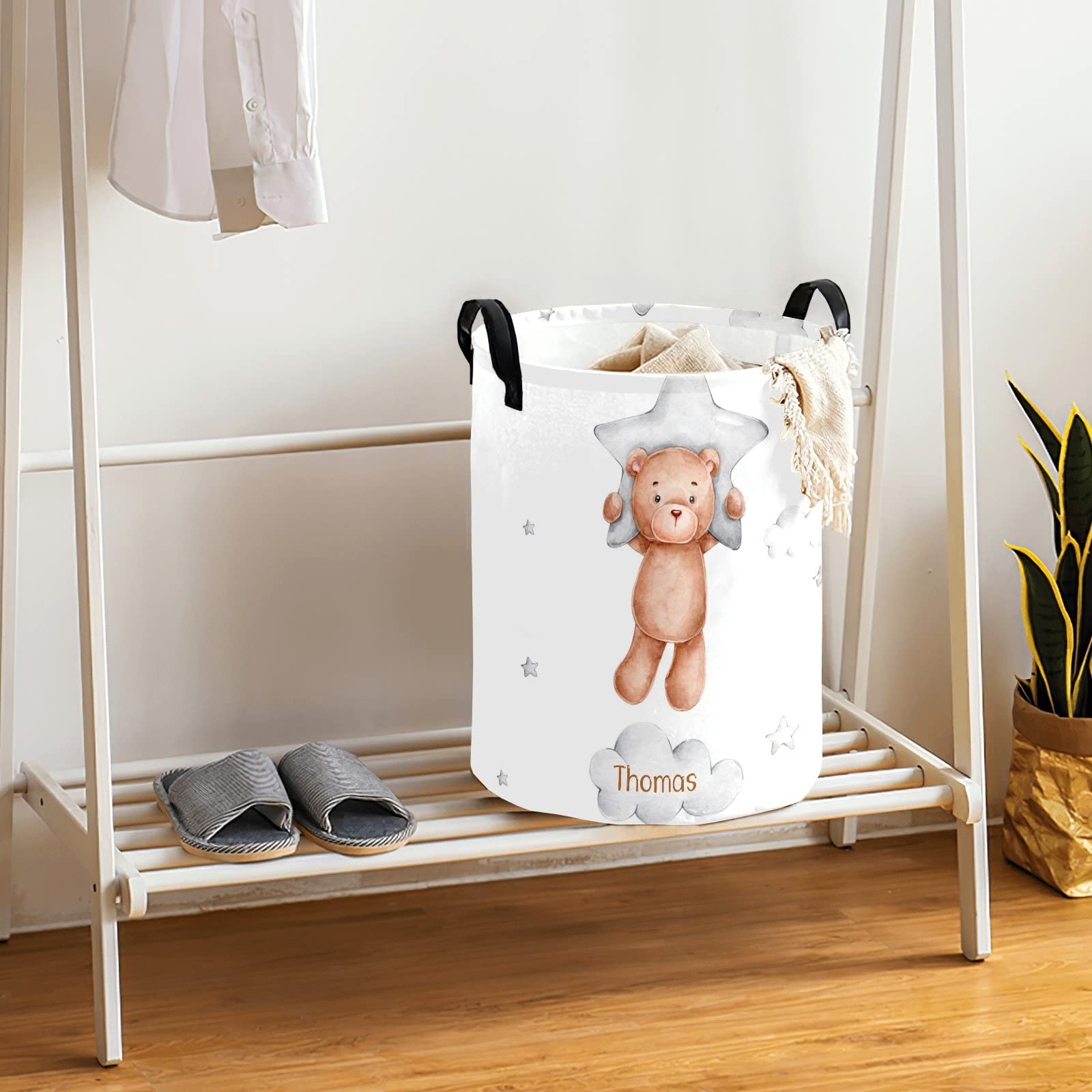 Teddy Bear Stars Personalized Laundry Hamper,Custom Name Collapsible Waterproof Laundry Basket Storage Bins with Handle for Clothes,Toy,Nursery
