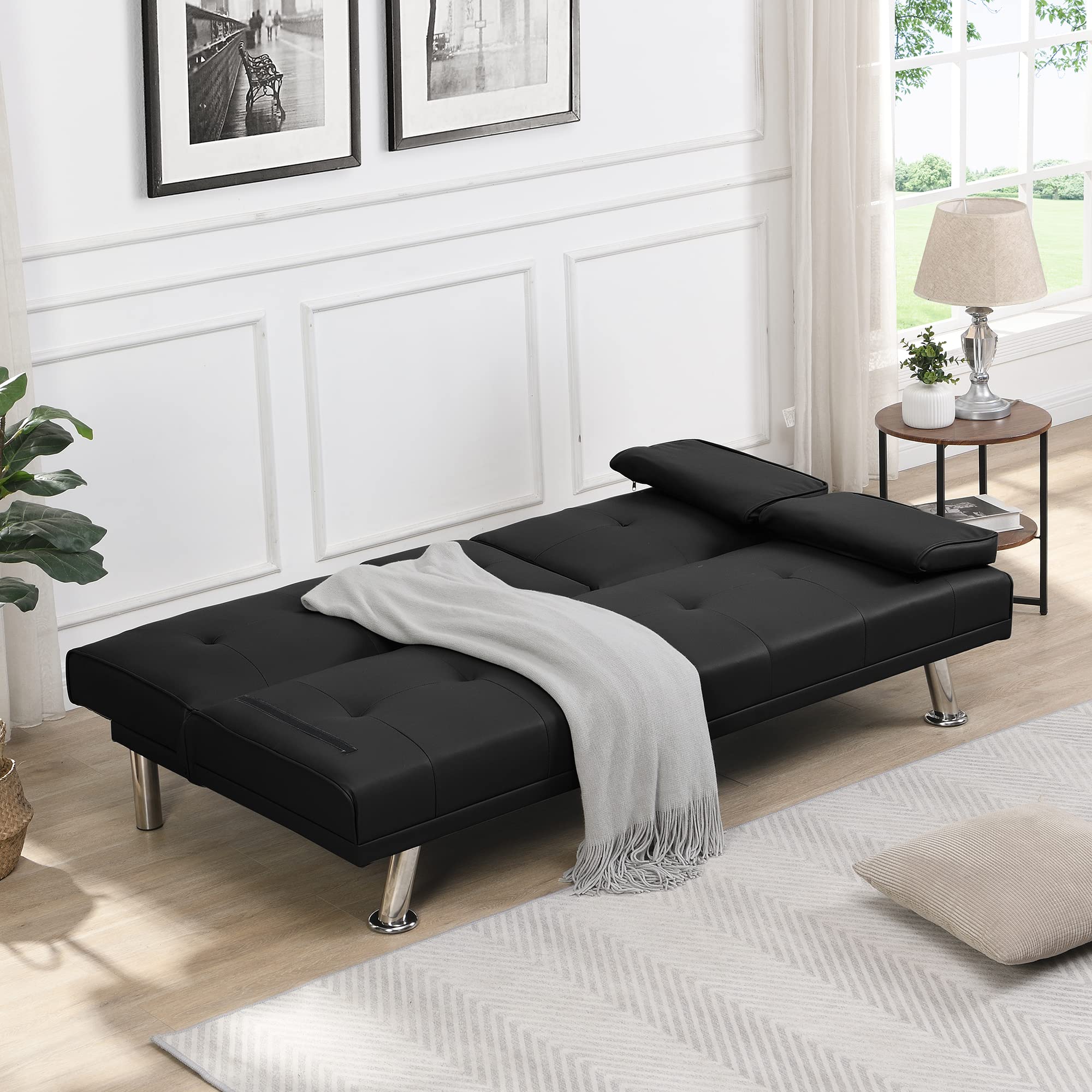 PU Leather Futon Sofa Bed Convertible Upholstered Modern Sofa Sleeper Couch with Detachable Armrests 2 Cup Holders Stainless Steel Legs Black, Suitable for Compact Living Spaces, Apartments