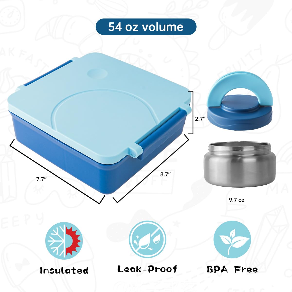 SKIEXOAD Bento box for kids - Insulated Lunch Box with 8oz thermos Food Jar ,Leak-proof Lunch Containers with 4-compartment BPA free and microwave-safe Gifts for kids (blue