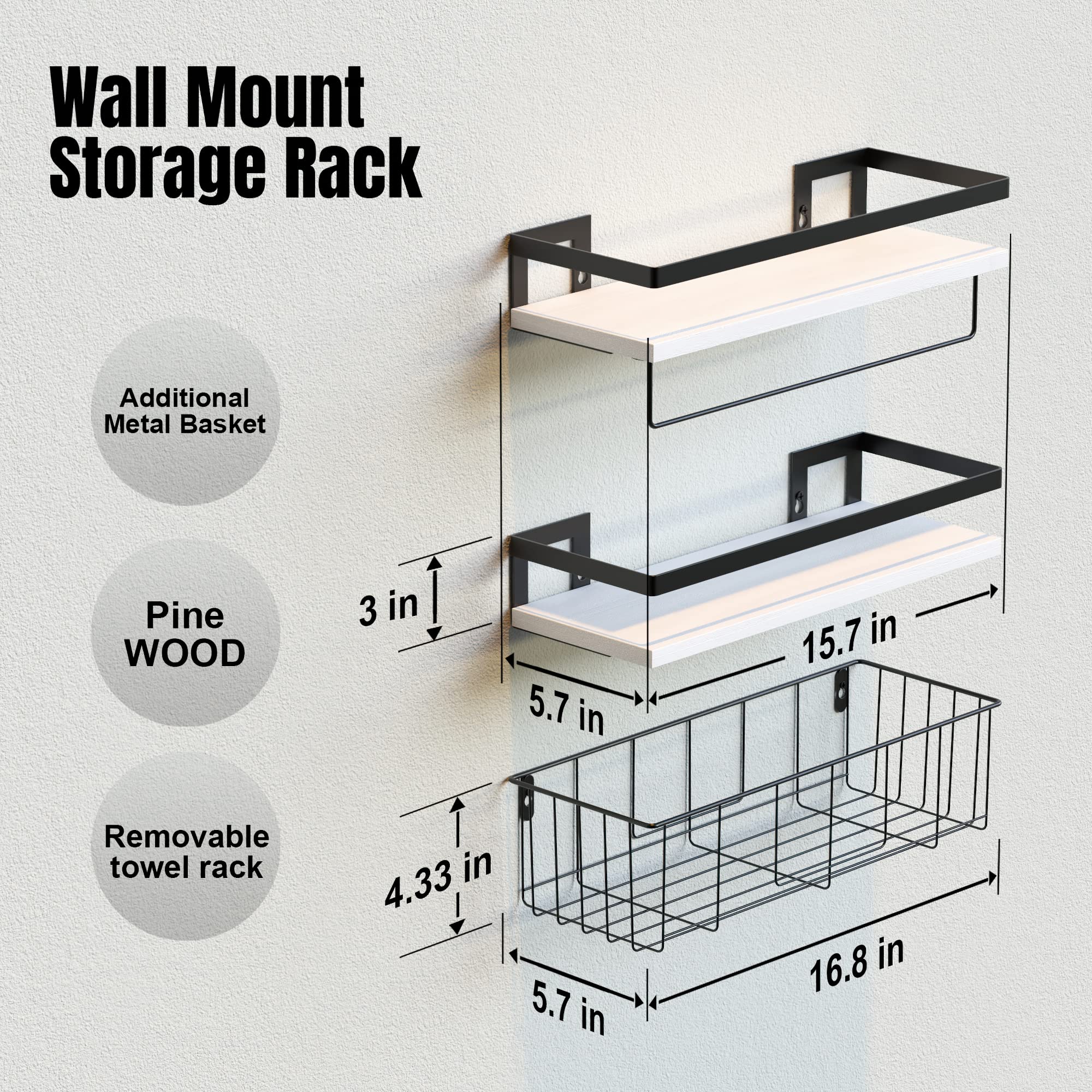 RICHER HOUSE Floating Shelves with Wire Basket, White Bathroom Shelves for Wall Decor, Rustic Wall Shelves with Removable Towel Bar, Wall Mount over Toilet Shelves for Kitchen, Bedroom - White